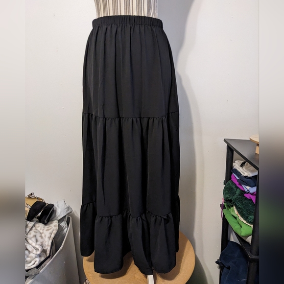 Cider | Skirts | Cider Black Maxi Tiered Split Skirt Pull On Nwt | Poshmark